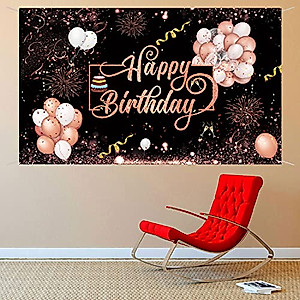 Rose Gold Happy Birthday Theme Fabric Sign Poster Banner Backdrop with Firework,Star,Balloons,Cakes Pattern for Brithday Photo Booth Background Party Decorations Supplies