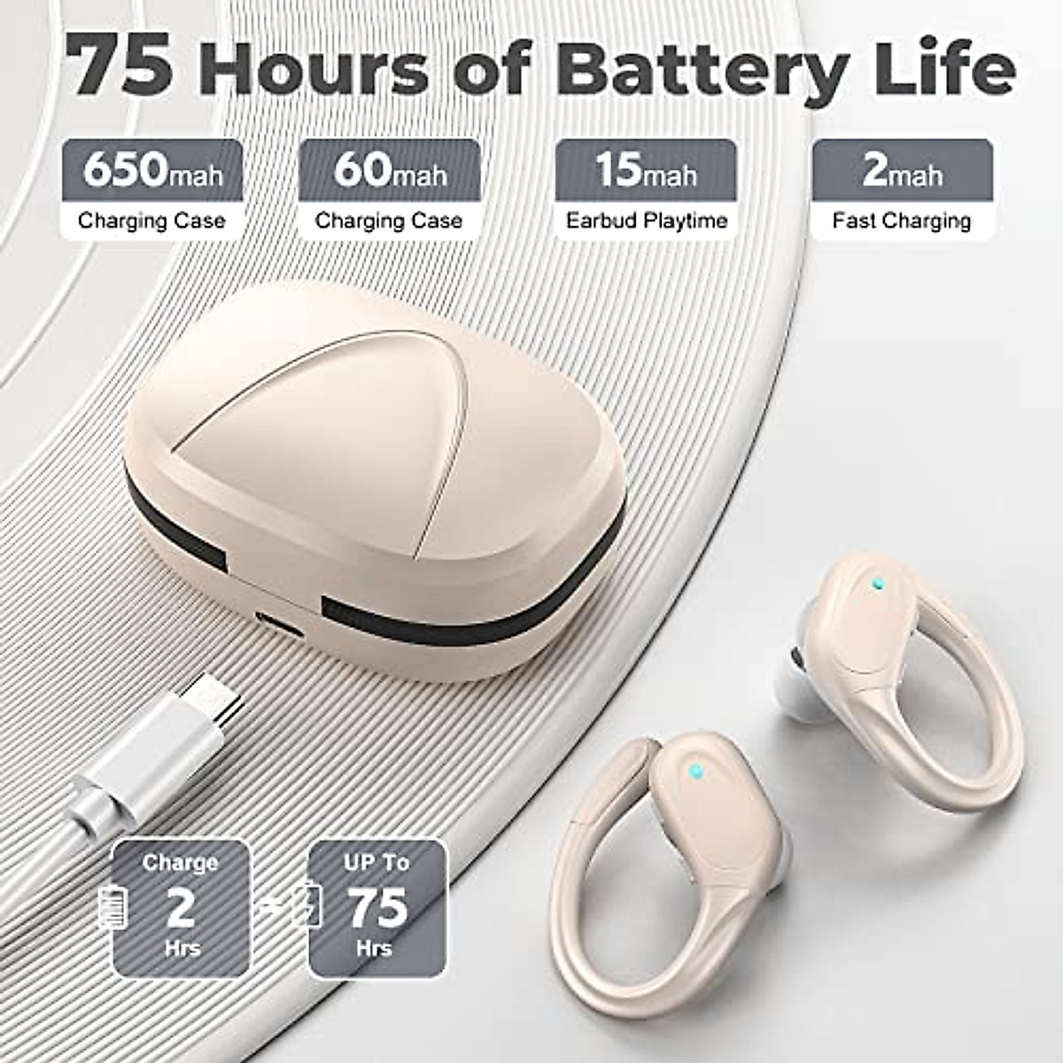 Wireless Earbuds, 75Hrs Playtime Bluetooth 5.1 Headphones, True Wireless Earphones with Digital Display & CVC 8.0 Noise Cancelling, Waterproof Earbuds with Mic for Sport,Running,Yoga, Workout Apricot