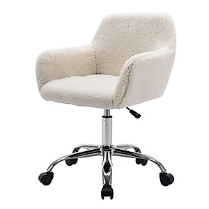 Homedraft Faux Fur 360°Swivel Desk Chair, Height Adjustable Home Office Armchair with Slivery Base for Teens Women Girls, Upholstery Computer Chair for Home Studios, Sherpa & White