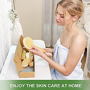 AIFEIVICO Dry Brushing Body Brush, Natural Boar Bristle Exfoliating Dry Brush, Long Handle Back Scrubber Brush, Face Brush, Foot Brush, Meridian Pressure Brush for Lymphatic Drainage, Cellulite