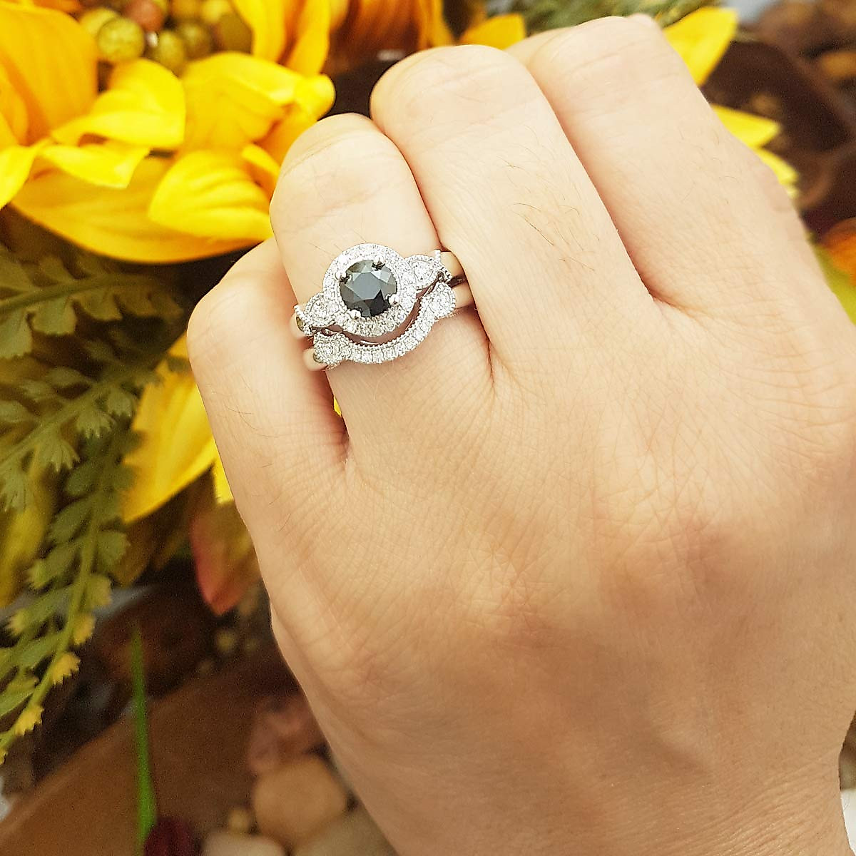 Dazzlingrock Collection 1.10 Carat (ctw) 10K Round Black & White Diamond Ladies Engagement Ring Set 1 CT, White Gold, Size 7.5