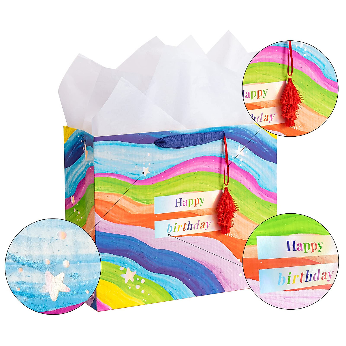 MAYPLUSS 12.5" Large Gift Bag with Tissue Paper for Birthday - Colourful Abstract Stripes