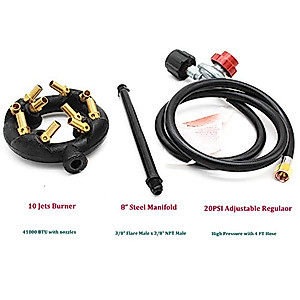 MENSI 10 Jets Homemade Cast Iron Burner Assembly Flame Control System 41000 BTU with High Pressure Regulator with Hose DIY Forge Pizza Oven Turkey Fryer Accessories
