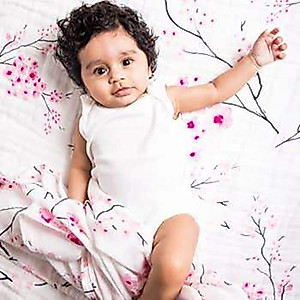 Malabar Baby Organic Cotton Reversible Muslin Snug Blanket, Luxurious Everything Baby Receiving Stroller Blankets for Newborns, Infants & Kids, Cherry Blossom