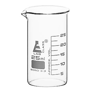EISCO Beaker, 25ml - Tall Form with Spout - White, 2.5ml Graduations - Borosilicate 3.3 Glass