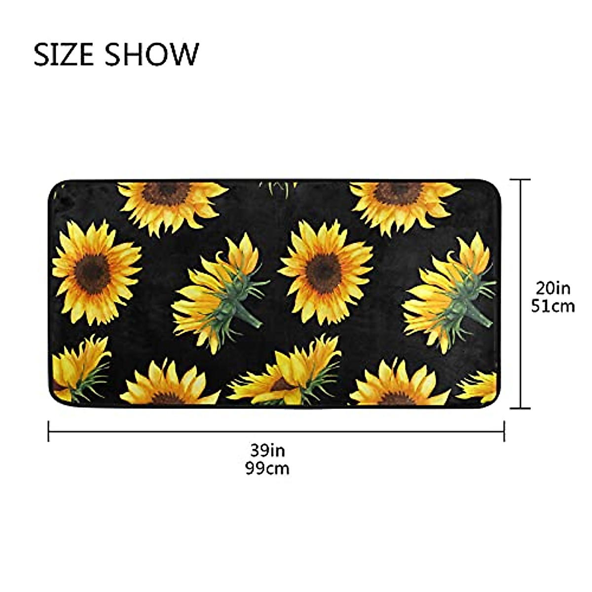Sunflower Kitchen Rug, Carpet for Bedroom 39" x 20", Standing mat- Black, Running Carpet, Suitable for Outdoor, Washable, Bathroom, Living Room