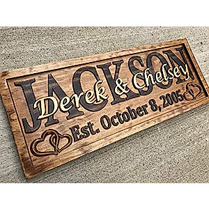 Personalized Wedding Gift Last Name Established Sign Family Name Signs Custom Wood Sign Carved Wood Decor 3D Hearts Couples Sign 5 Year Anniversary Gift