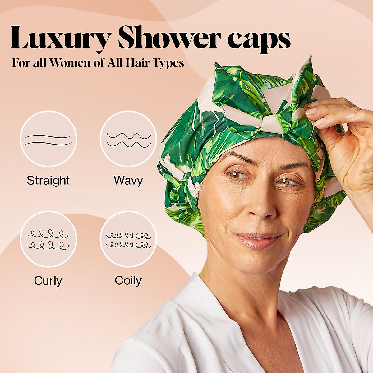 Kitsch Luxury Shower Caps for Women Reusable Waterproof - Large Shower Cap for Women and Men, Non-slip, Quick-dry Hair Cap for Long & Short Hair, Comfortable and Stylish Design - Palm Leaves