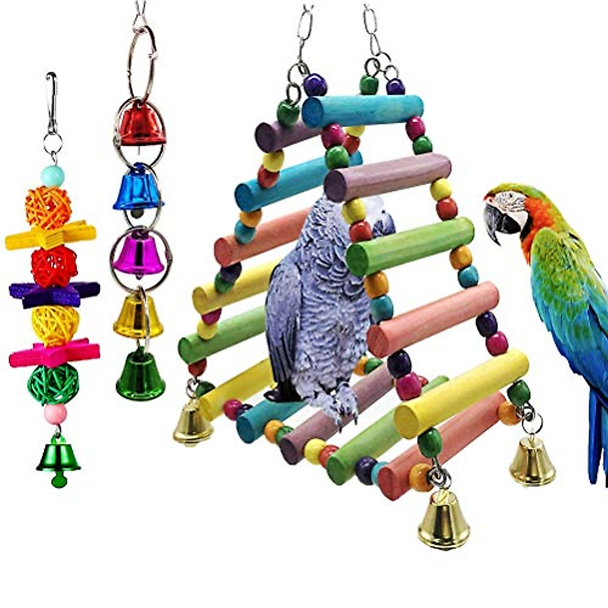 JpGdn 3PCS Bird Toys Hanging Bell Wooden Bridge Triangle Hammock Swing Parrot Chewing Toy for Small Parakeets Cockatiels Conures Macaws Parrots Love Birds Finches