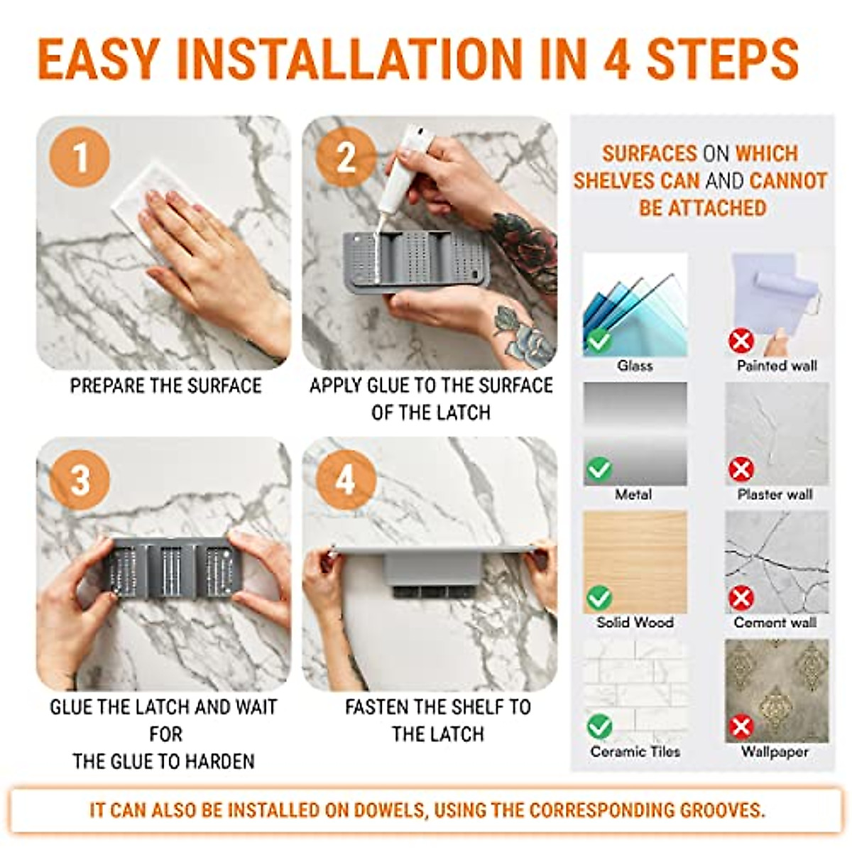 KUKAKETA Bathroom Organizer Shelf with Toothbrush Holders, Soap Dish, Shower Caddy Bathroom Shelves Wall Mounted Shower Shelf Space Saver Bathroom Storage - Adhesive or Drilling (white - light gray)