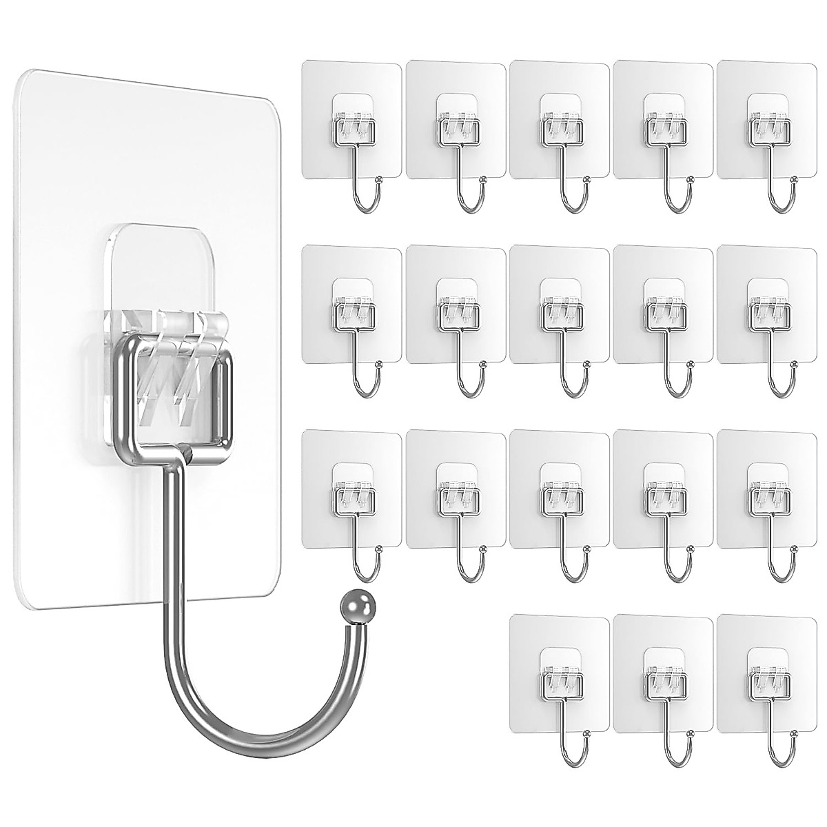 Ninth Five 18Pack Large Adhesive Hooks, 33lb Heavy Duty Ceiling Wall Door Hanging Hooks, Stainless Steel Towel and Coats Hooks for Window Home Kitchen Office