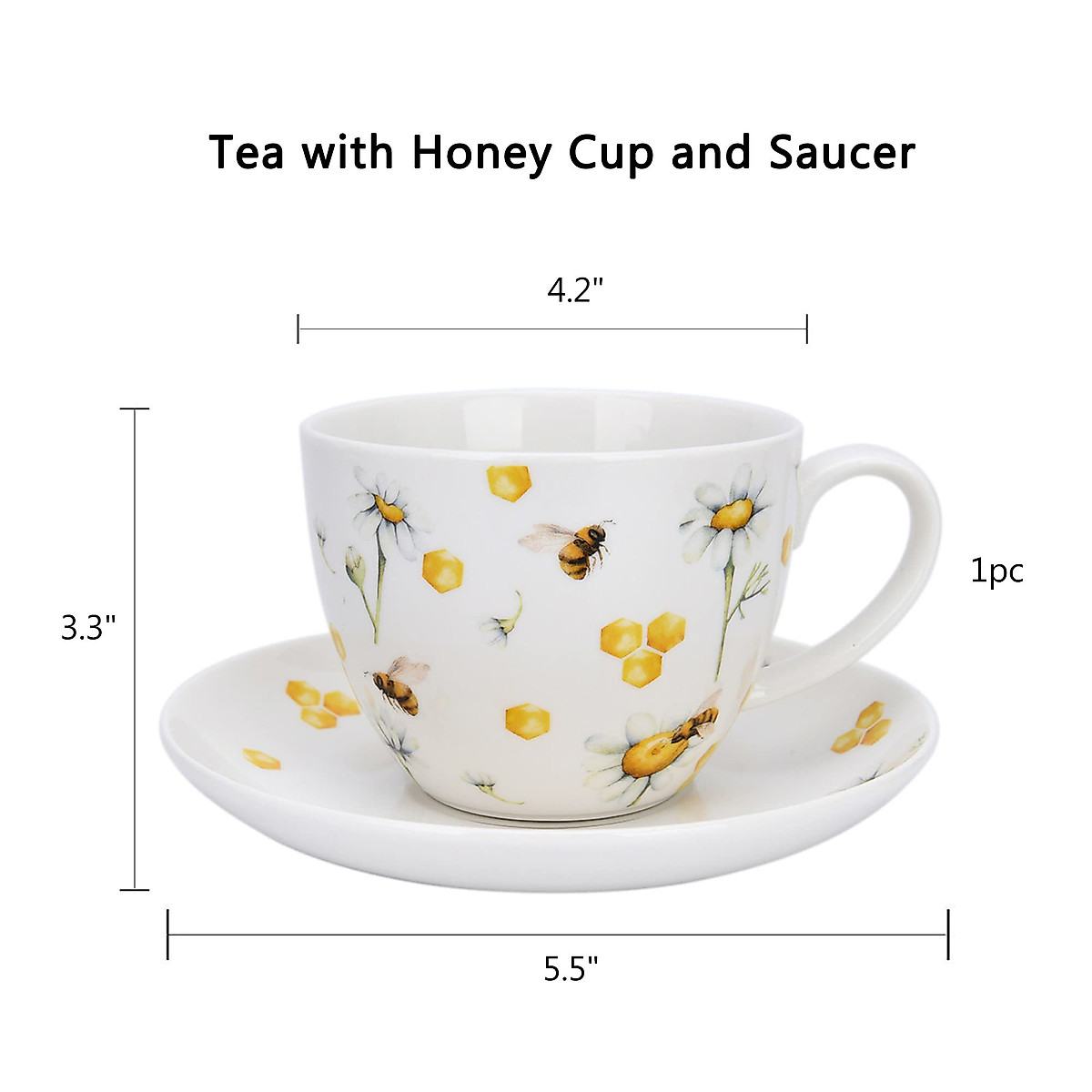 STP GOODS Bone China Kitchen Teacups Tea with Honey Cup and Saucer 15.2 fl oz (450 ml) Pretty Tea Cup with Matching Saucer Christmas Mugs