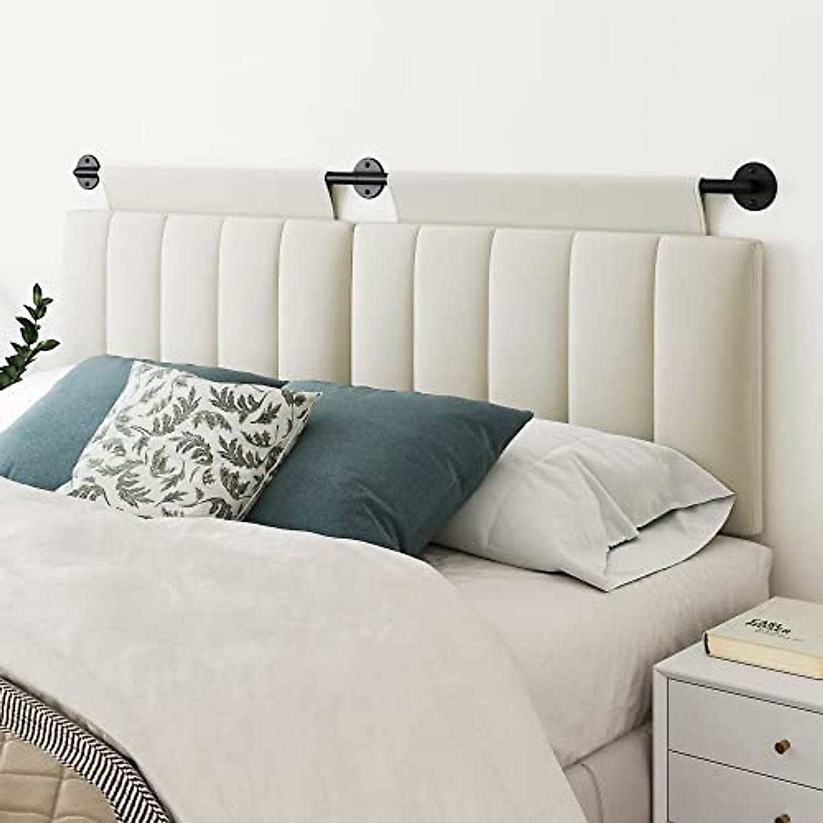 Nathan James Remi Channel Tufted Wall Mount Hanging Headboard, King, White Cloud/Matte Black