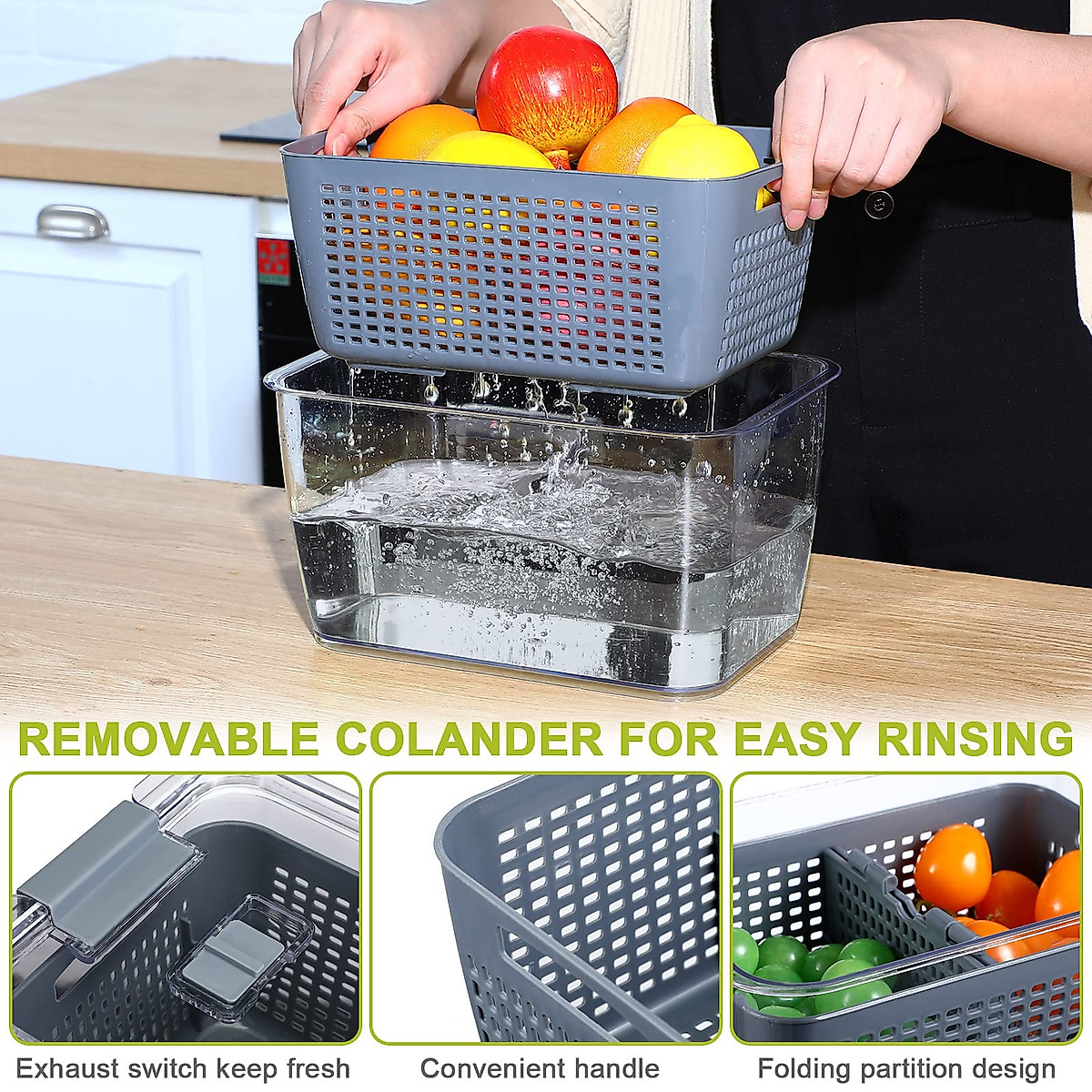 6 Pack Fruit Storage Containers for Fridge Produce Saver Containers for Refrigerator Fruit Containers for Fridge Keep Fresh with Lids Colander and Dividers for Salad Lettuce Berry Vegetable