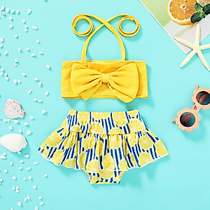 JEELLIGULAR Toddler Baby Girl Swimwear Bowknot Stripe Swimsuit Bathing Suit 2Pcs Bikini Set Outfits Summer (18-24 Months, Lemon)