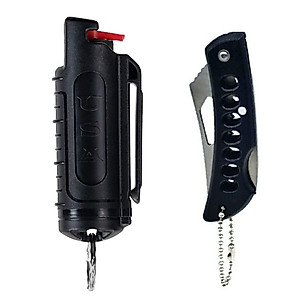 Police Magnum Keychain Pepper Spray Self Defense Belt Clip Combo- Tactical Safety Key Chains for Women & Men- Made in The USA- 1 Pack Black INJ Pocket Knife