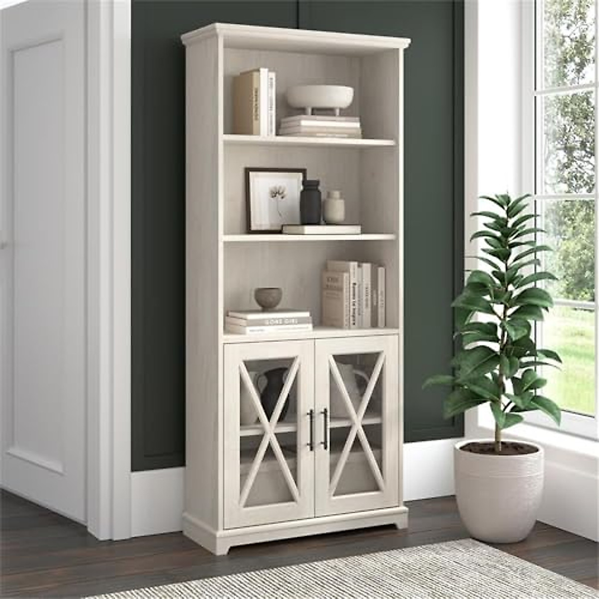 Bush Furniture Lennox Tall 5 Shelf Bookcase with Glass Doors in Linen White Oak | Farmhouse Bookshelf Cabinet for Living Room and Home Office