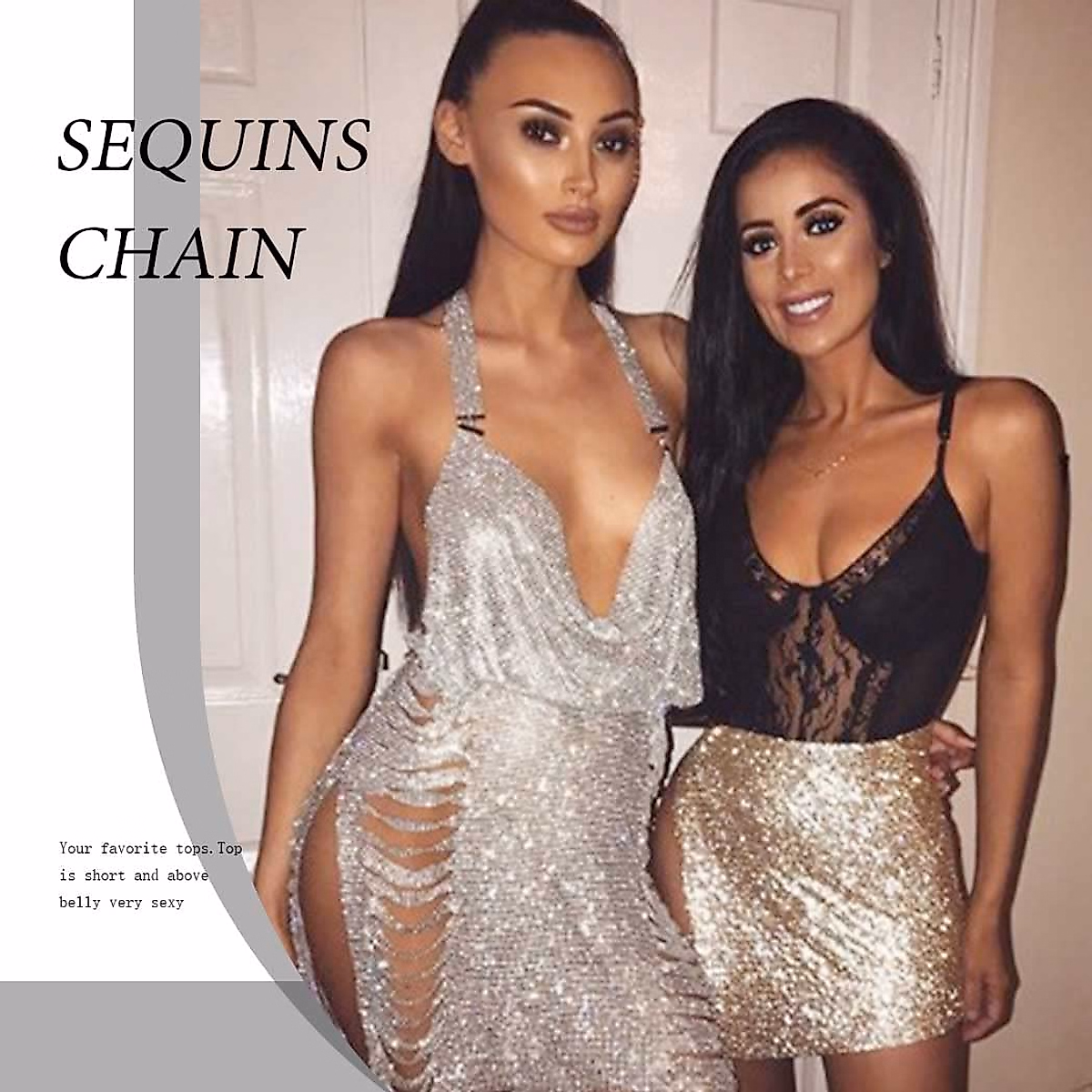 Foyte Boho Shiny Sequins Body Chain Top Deep V Neck Bra Body Jewelry Bikini Crop Top Shirt Waist Chains Nightclub Party Body Jewelry Accessory for Women