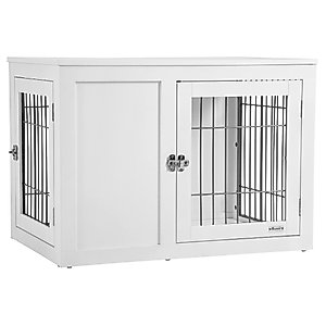 PawHut Dog Crate Furniture Wire Indoor Pet Kennel Cage, End Table with Double Doors, Locks for Small and Medium Dog House, White