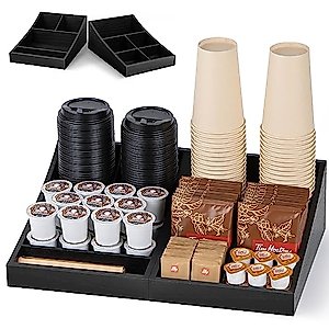 ANBOXIT Coffee Station Organizer for Countertop, Coffee Condiment Service Tray, Coffee Bar Supplies Organizer for Home, Office and Breakroom - Wooden, Black, 9 Compartment, Two-in-One