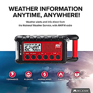 Midland - ER310, Emergency Crank Weather AM/FM Radio - Multiple Power Sources, SOS Emergency Flashlight, Ultrasonic Dog Whistle, & NOAA Weather Scan + Alert (Red/Black)