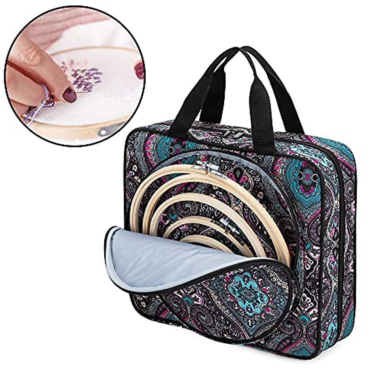 LoDrid Embroidery Project Bag, Square Embroidery Supplies Storage Tote Bag, Portable Craft Carry Case for Embroidery Kits and Cross Stitch Kits Tools, Multiple Pockets, Totem, Bag Only