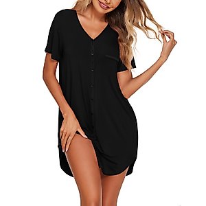Avidlove V Neck Sexy Sleepwear Shirts Short Sleeve Pajama Dress Button-Front Nightshirt,Black,X-Large