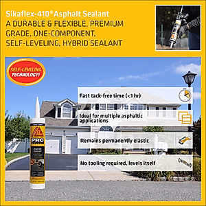Sikaflex-410 Asphalt Sealant, Black, self-Leveling Hybrid sealant for Filling Cracks, for Private Asphalt driveways, roadways, Pavement, 9 fl.oz. Cartridge