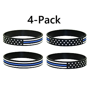 Great 1 Thin Blue Line American Flag Silicone Stretchable Bracelet 4-Pack - Police Law Enforcement