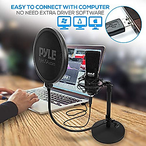 Pyle USB Microphone Podcast Recording Kit - Audio Cardioid Condenser Mic w/Desktop Stand and Pop Filter - for Gaming PS4, Streaming, Podcasting, Studio, YouTube, Works w/Windows Mac PC PDMIKT120