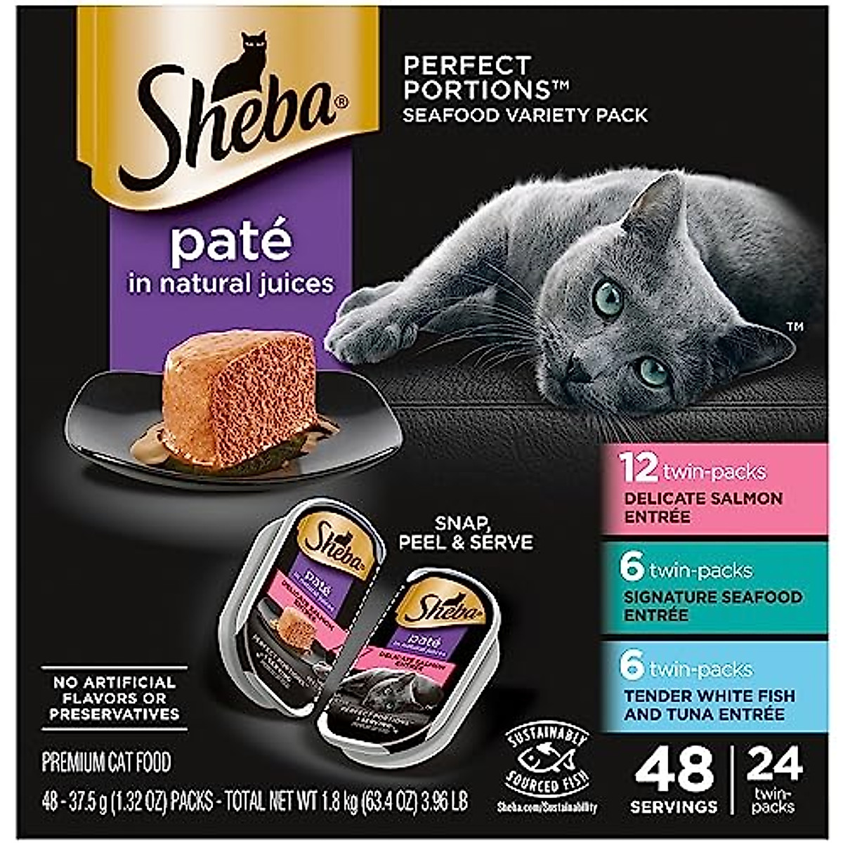 SHEBA PERFECT PORTIONS Paté Adult Wet Cat Food Trays (24 Count, 48 Servings), Signature Seafood Entrée, Easy Peel Twin-Pack Trays