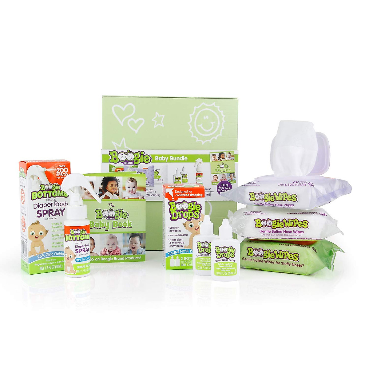 Baby Gift Set by Boogie Wipes, FSA/HSA Eligible, Baby Wipes by Boogie Wipes 90 Count, Diaper Rash Cream Spray by Boogie Bottoms 1 Pack, Baby Nasal Saline Drops by Boogie Drops 2 Pack