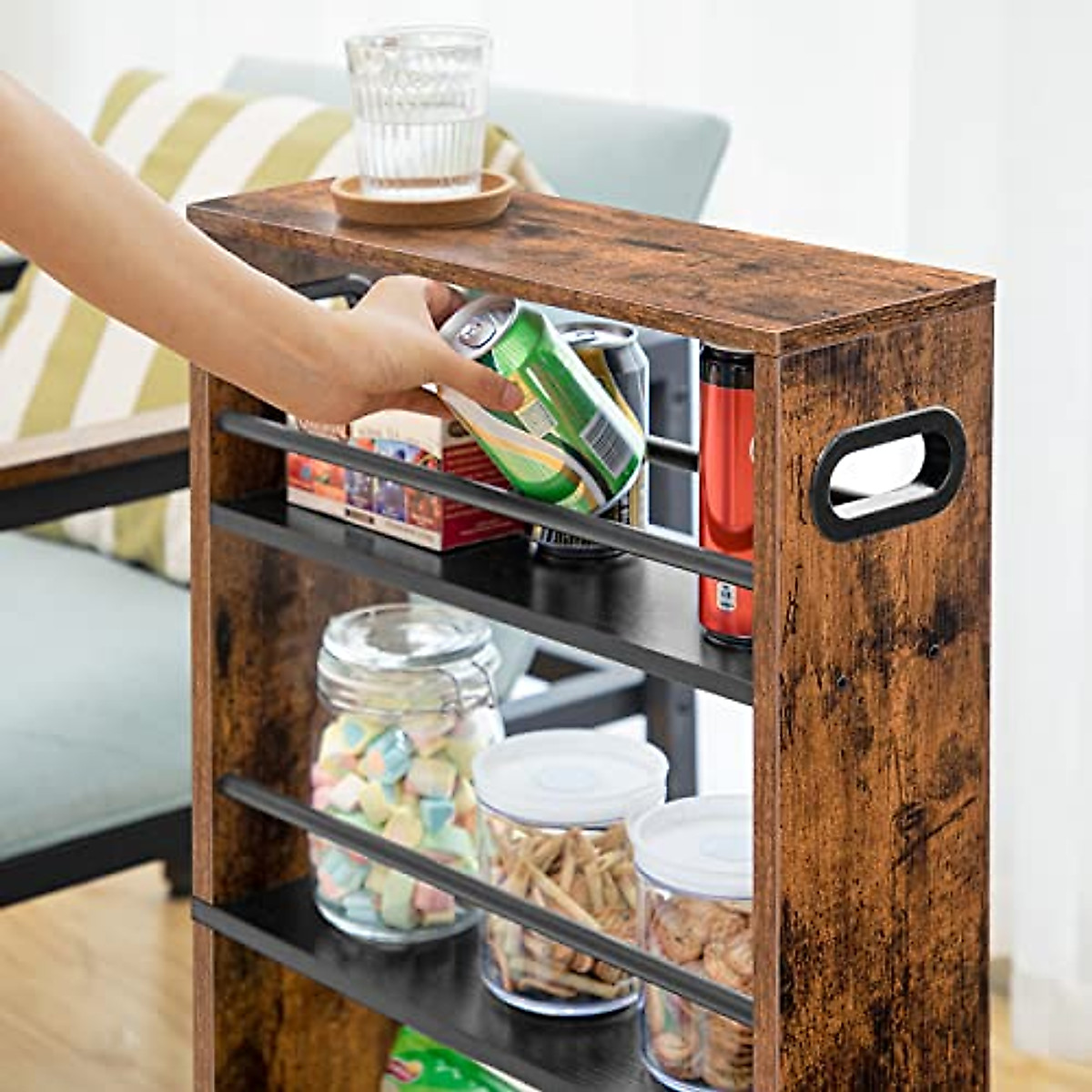 HOOBRO 4-Tier Slim Rolling Cart, Storage Cart for Laundry Room, Narrow Kitchen Cart with Handle and Lockable Casters, Space Saving, Easy Assembly, for Kitchen, Bathroom, Rustic Brown BF15TC01