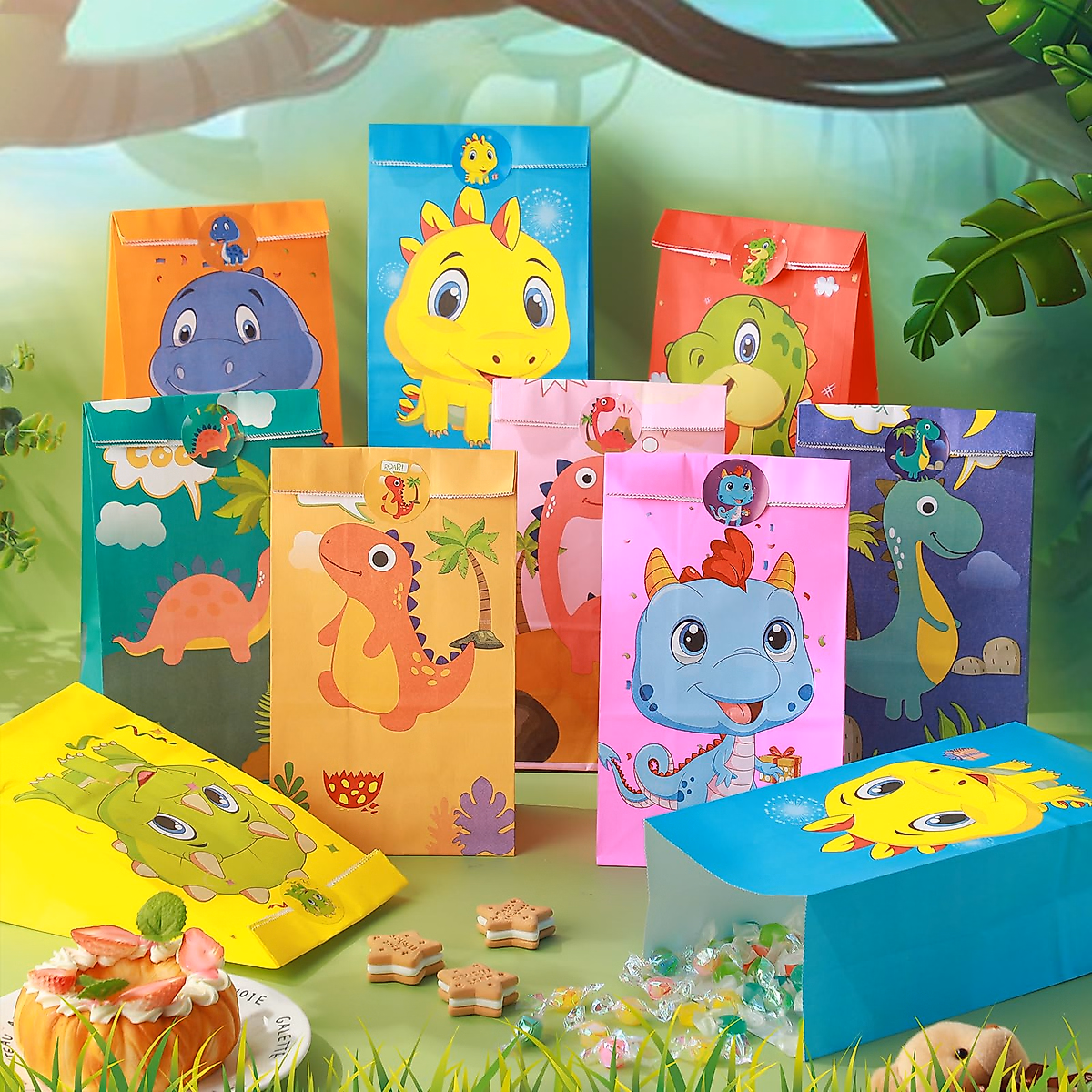 Containlol 30 Pack Dinosaur Party Gift Bags Little Dinosaur Goodie Candy Treat Bag with Matching Stickers Halloween Christmas Party Favor Bags for Kids Dinosaur Themed Birthday Baby Shower(Big Head)