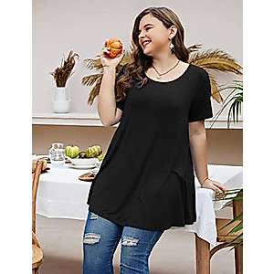MONNURO Womens Short Sleeve Casual Loose Fit Flare Swing Tunic Tops Basic T-Shirt Plus Size(Black, 3X)