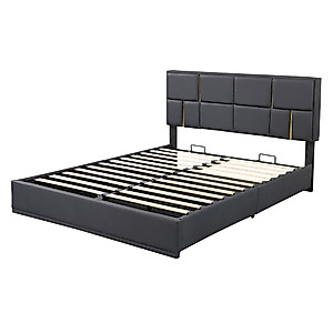 VilroCaz Queen Size Upholstered Platform Bed with Hydraulic Storage System, PU Upholstered Platform Bed with Gold Decoration Headboard, No Box Spring Needed (Black-M/PU)