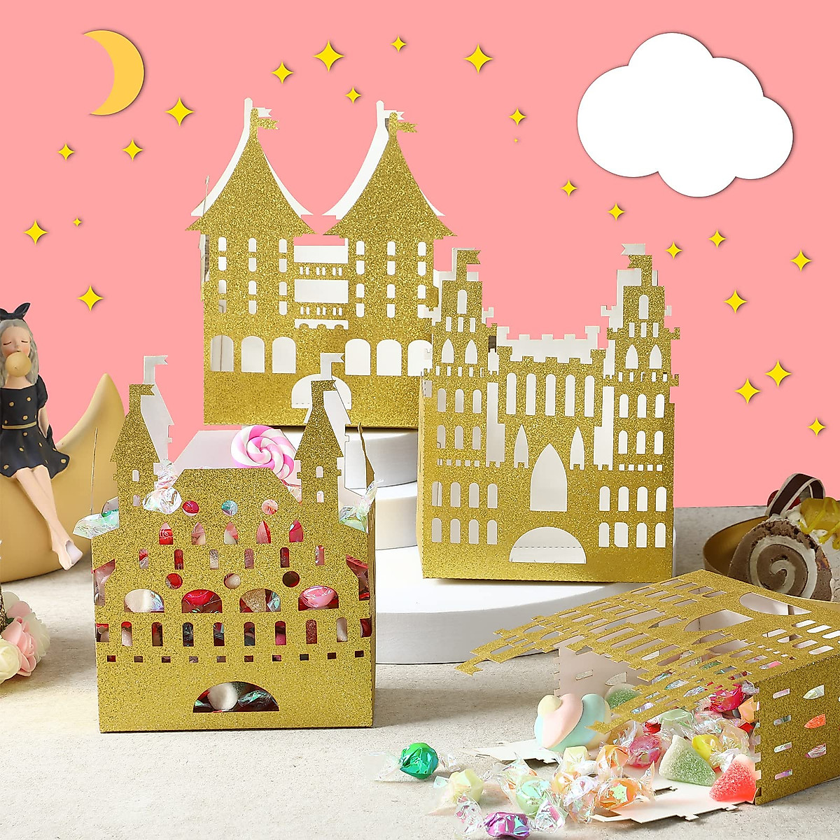 24 Pieces Gold Princess Castle Box Princess Birthday Party Decorations Gold Castle Table Centerpiece Glitter Princess Theme Party Supplies for Princess Birthday Baby Shower Party Favor Decorations