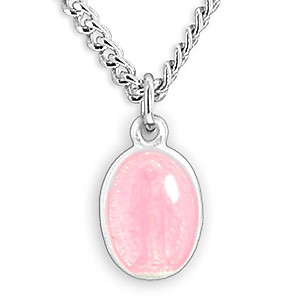 Heartland Store Child's Pink Sterling Silver Oval Miraculous Pendant + 13 Inch Rhodium Plated Chain & Clasp