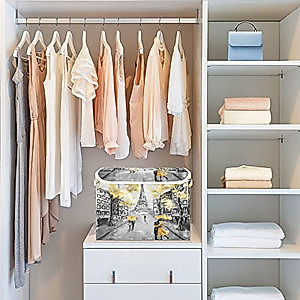 Krafig Modern Art Eiffel Tower Yellow Foldable Storage Box Large Cube Organizer Bins Containers Baskets with Lids Handles for Closet Organization, Shelves, Clothes, Toys