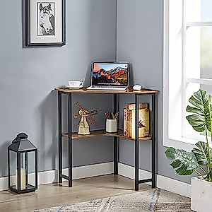VECELO Corner Computer Desk 33 x 23 inches with Storage Shelves for Small Spaces,Triangular Shape,Brown