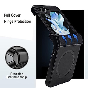 Gufiire for Samsung Galaxy Z Flip 5 Case with Hinge Protection, Front Screen Protector, Carbon Fiber Texture Leather Case Compatible with MagSafe Full Protection Phone Case for Galaxy Z Flip5 (Black)