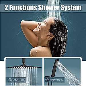 Aolemi Ceiling Mount Shower System, 12 Inch Rain Shower Head with Handheld Spray High Pressure Shower Faucet Set Rough-in Valve and Shower Trim Included Bathroom Matte Black Square Knob