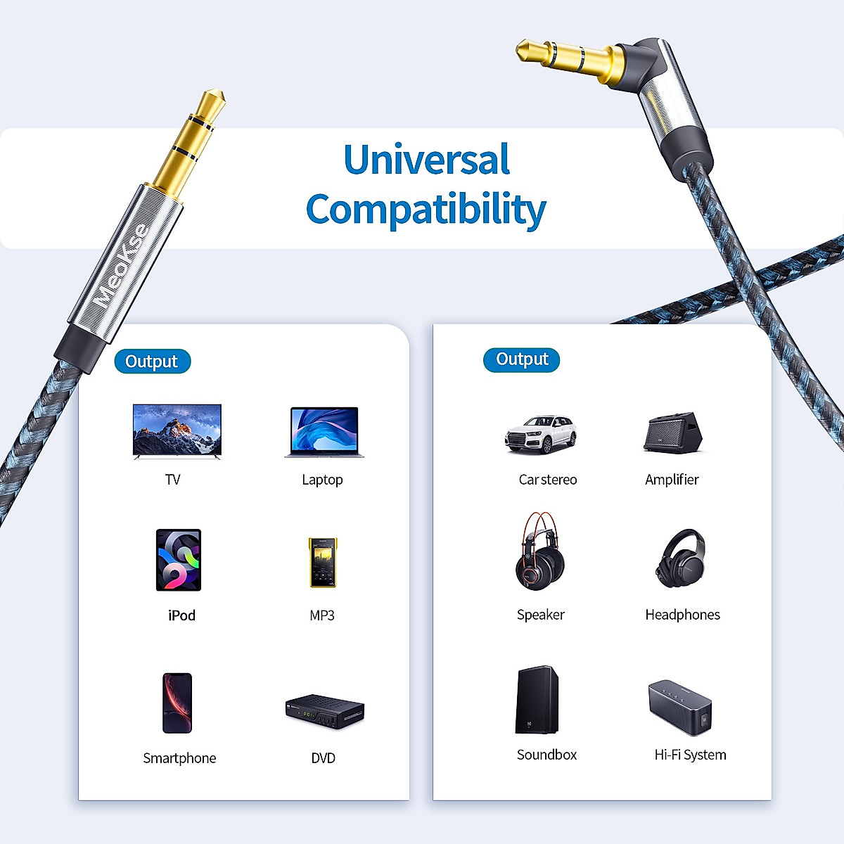 Meokse 3.5mm Audio Cable Male to Male 2FT/0.6M Stereo Aux Cord 90 Degree Right Angle Aux Cable Nylon Braided Aux Cable Compatible with Beats iPhone Tablets Speakers 24K Gold Plated