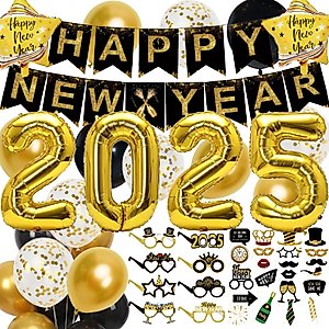 2025 Happy New Years Decorations Set New Years Eve Party Supplies 2025, Happy New Year Banner, Gold Numbers 2025 New Year Balloons, New Year Photo Props and Happy New Year Glasses