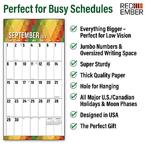 RED EMBER The Big Grid Jumbo Large Print - Pyramids 2024 Hangable Monthly Wall Calendar - 12" x 24" Open | Giftable | Easy to Read Planners for Office Extra Large | Massive Writing Space