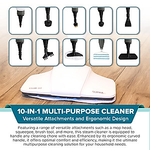 Steam and Go Supra Pro Multi-Surface Steam Mop - 90° Bendable Handle for Under Furniture, Detachable Handle with 10 Attachments for Tile Grout, Clothes, Fabric & Upholstery Handheld Steam Cleaner
