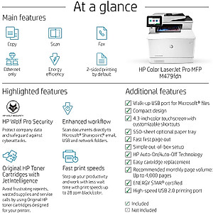 HP Color Laserjet Pro MFP M479fdn All-in-One Laser Printer, Print&Copy&Scan&Fax, 28ppm, 600x600dpi, Auto 2-Sided Printing, 4.3" Color Touchscreen Display, Ethernet, No Wi-Fi, Lanbertent Printer Cable