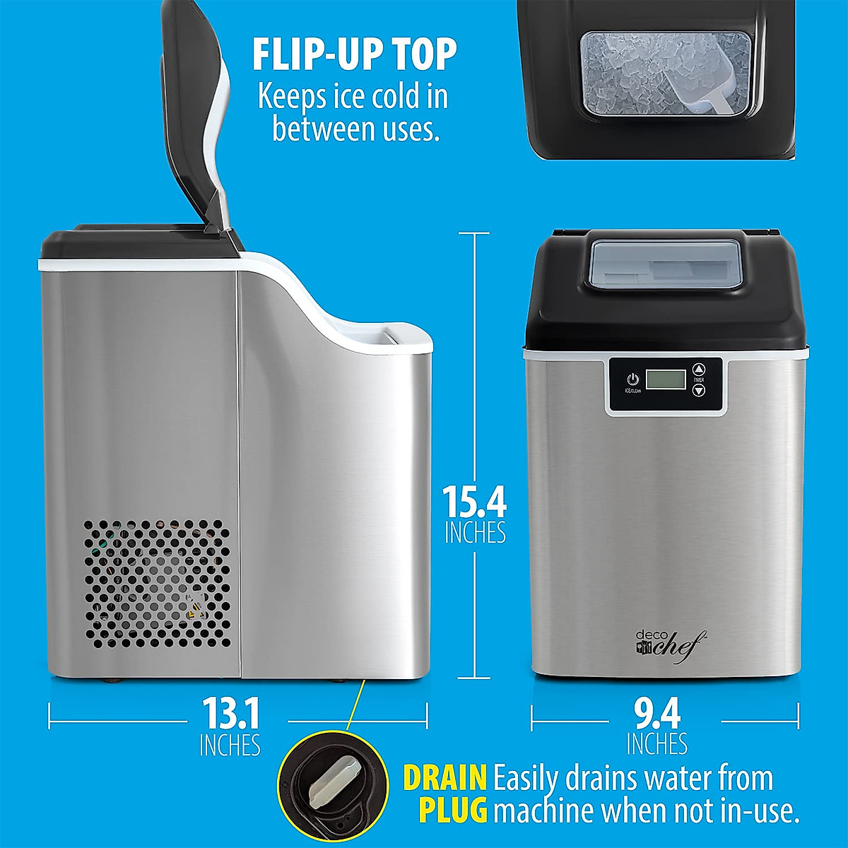 Deco Chef 44LB Countertop Nugget Ice Maker with 2.6LB Auto-Renew Basket and Automatic Cleaning, 1.8LB per Hour, First Batch in 10 Minutes, Stainless Steel