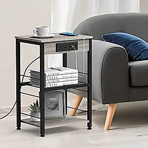 NORCEESAN Nightstand with Charging Station End Table with USB Ports and Power Outlets Side Tables Bedroom with Storage Shelves Industrial End Table 3 Tier (Grey)