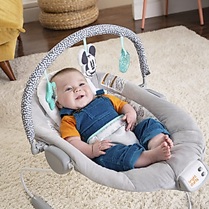 Bright Starts Mickey Mouse Comfy Disney Baby Bouncer in Cloudscapes Includes -Toy Bar with 3 Cute Toys, Plays 7 Soothing Melodies w/Auto Shut-Off, Age 0-6 Months